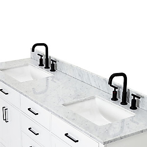 ARIEL Double Bathroom Vanity 73" White, Italian Carrara Marble Countertop & Splash, Rectangular Sinks, 4 Soft Closing Doors, 6 Full Extension Dovetail Drawers, Toe Kick, Matte Black