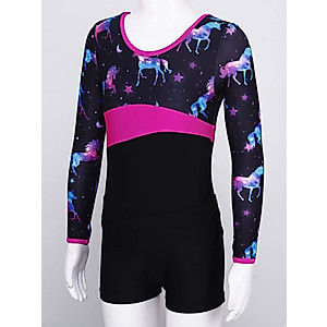 YONGHS Kids Girls Long Sleeve Ballet Dance Leotard with Workout Shorts Gymnastics Unitard Dancewear Night Pegasus 6 Years