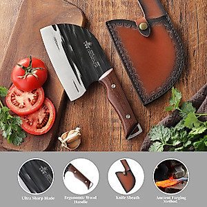 Serbain Chef Knife, Little Cook 6.1 inch Ancient Forged Meat Cleaver Knife, Premium Stainless Steel Butcher Knife with Ergonomic Wood Handle, Leather Sheath & Gift Box Included