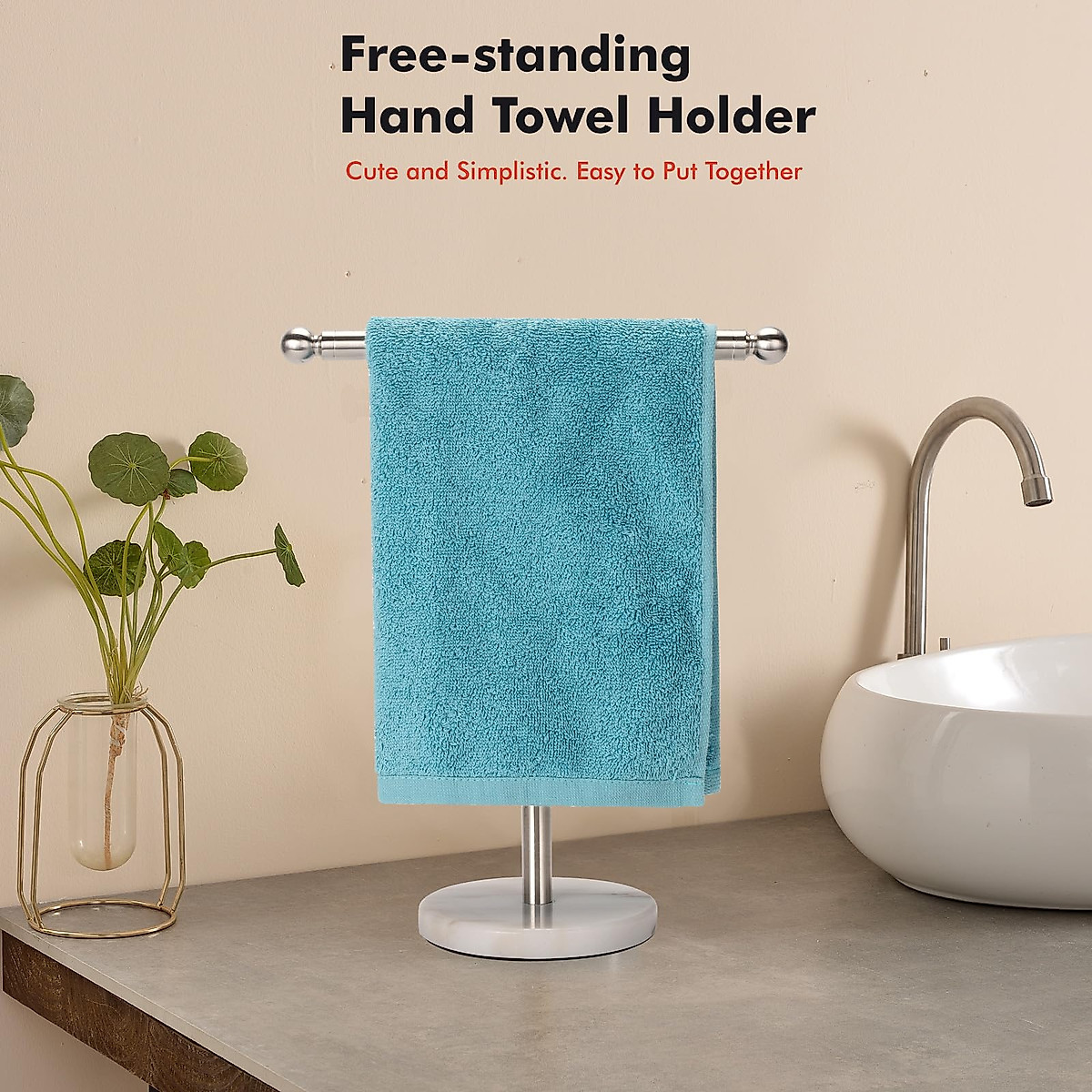 Kalitro Towel Rack with Heavy Marble Base, Free Standing Hand Towel Holder Stand for Bathroom Stainless Steel T-Shape Brushed Nickel