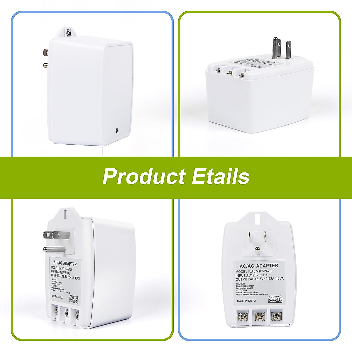 16.5V 40VA Doorbell Transformer Compatible with Nest Sensi Ecobee Plug-in Transformer and All Versions of Ring Doorbell Transformer with Screw Terminals & Auto-Resetting Fuse