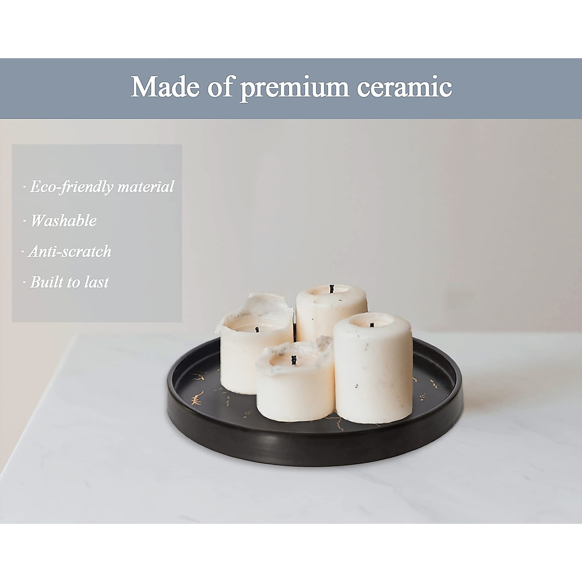 Decorative Ceramic Serving Tray for Coffee Table & Dining Table Centerpiece, 10'' Round Candle Holder Tray, Bathroom Kitchen Trays for Counter, Black & Marble Finish