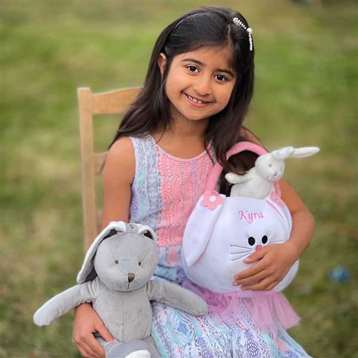 Personalization Universe Teal and Grey Personalized Easter Bunny Basket Bag, Embroidered Baby Name, Perfect for Easter Egg Hunts, Custom Easter Egg Hunt Accessory, Ideal For Easter Basket Stuffers