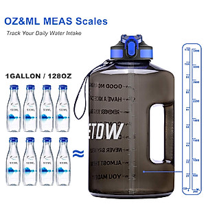 ETDW Gallon Water Bottle with Straw Clean Brush BPA Free, 128oz Large Water Jug with Time Marker Leak Proof Big Daily Water Intake Bottle for Outdoor Black