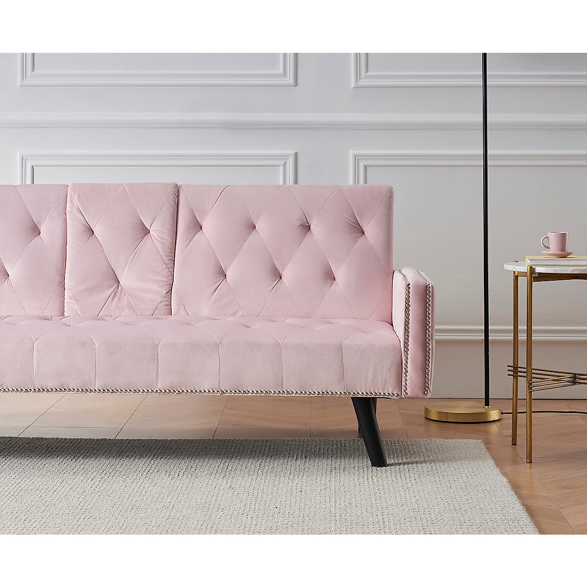Modern Velvet Tufted Upholstered Futon Sofabed Living Room Loveseat Convertible Sleeper Couch Bed with Nailhead Decor and Drop-Down Cupholdes for Home Office Apartment