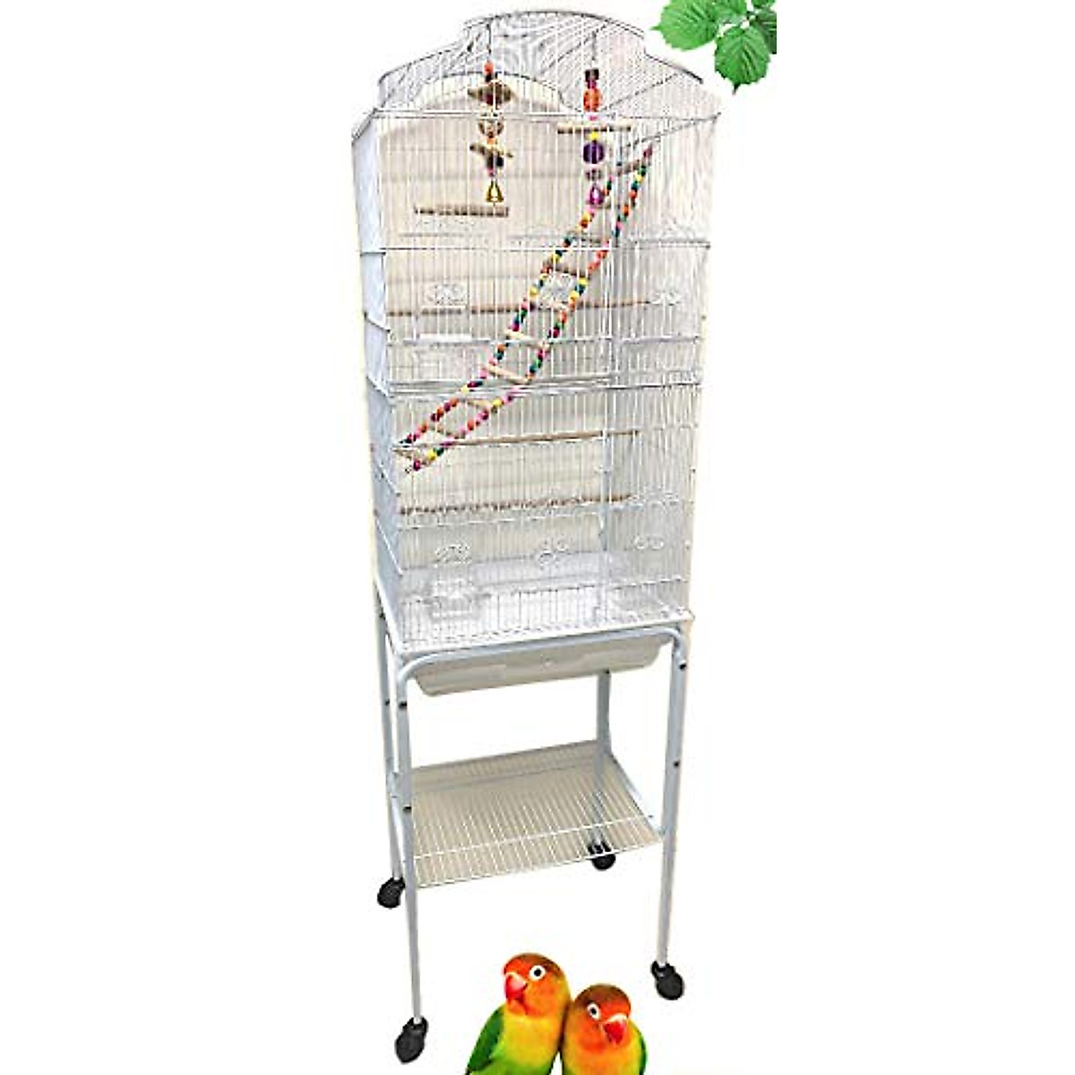 63-Inch Large Flight Bird Cage with Toys and 10-Step Play Ladder for Cockatiel Parakeet Finch Budgie Lovebird Canary Finch Pet Bird Cage with Rolling Stand (White with Toy)