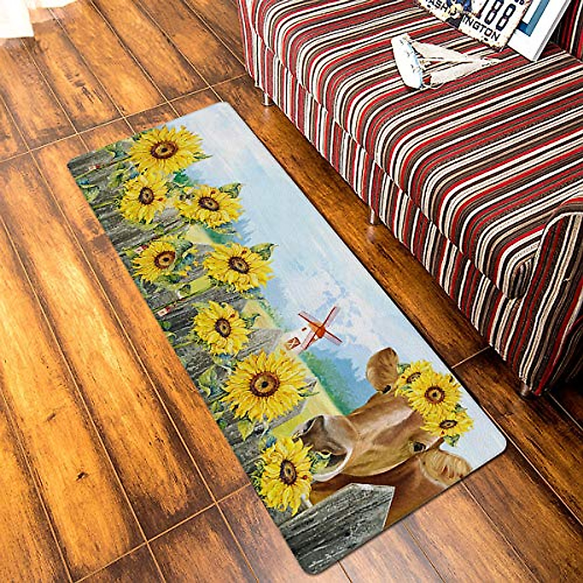 Kitchen Mat, Cow Farm Animal Rustic Sunflower Kitchen Rugs Kitchen Organization, Anti-Fatigue PVC Leather Kitchen Floor Mats Kitchen Runner Rug, Kitchen Decor Standing Desk Mats