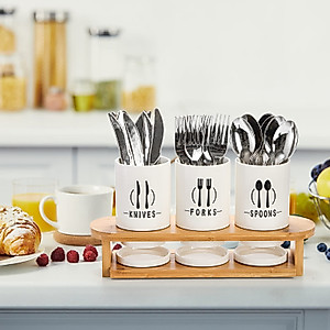 Fasmov Flatware Holder, 3 Pack Silverware Caddy with Bamboo Rack, Utensil Holder Ceramic Flatware Caddy White Ceramic Cutlery Organizer for Forks, Spoons, Knives