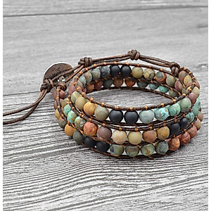 Izpack Fashion Love Heart Beaded Leather 3 Wrap Bracelets for Women Handmade Boho Natural Stone Ball Beads Wrist Bracelet Nice Gifts New Adjustable