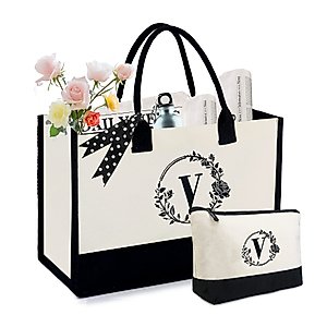 BeeGreen Christmas Gifts for Women - Personalized Gift Bag for Women Canvas Tote Bag for Friends Mother Bride Teacher Gifts Large Initial Beach Bag for Birthday Bridal Shower Bridesmaid Gifts V