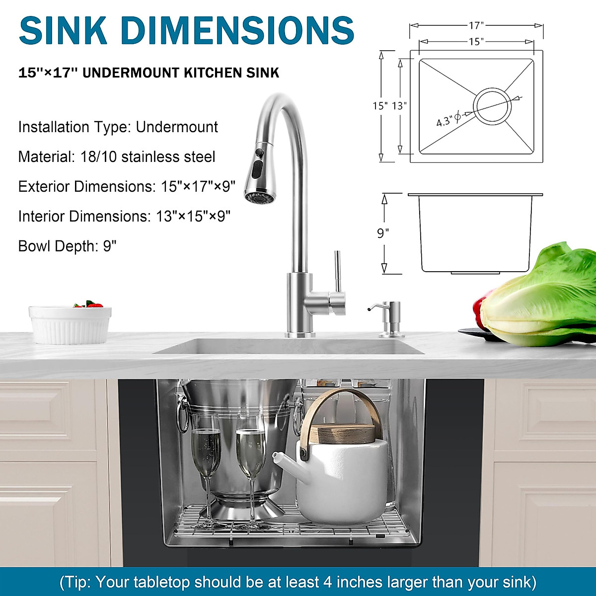 Herogo 15×17 Inch Undermount Kitchen Sink with Faucet Combo, Stainless Steel Utility Rv Bar Sink, Small Outdoor Farmhouse Sink, Laundry Room Deep Single Bowl Sink with Brushed Nickel Kitchen Faucet