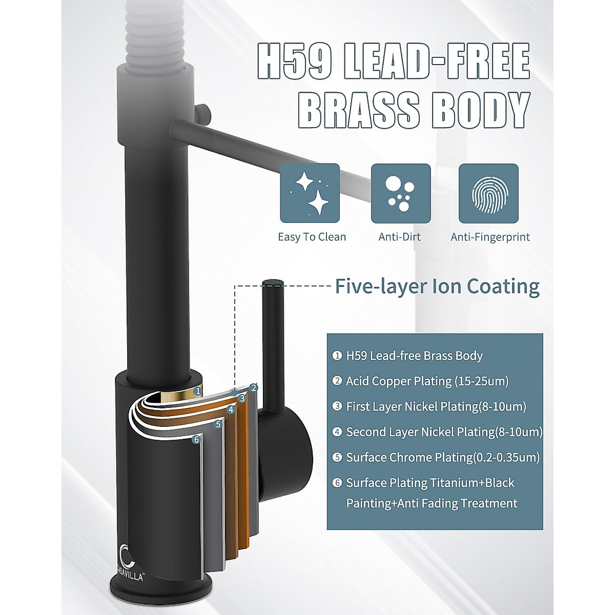 Casavilla Black Kitchen Faucet, Kitchen Faucet with Soap Dispenser, Faucet for Kitchen Sink, Single Handle Stainless Steel Kitchen Sink Faucets with Pull Down Sprayer, Camper Farmhouse RV Sink Faucet