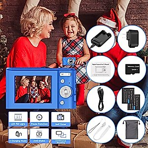 Digital Camera, RUAHETIL Autofocus FHD 1080P 48MP Kids Vlogging Camera with 32GB Memory Card, 2 Charging Modes 16X Zoom Compact Camera Point and Shoot Camera for Kids Teens (Blue)