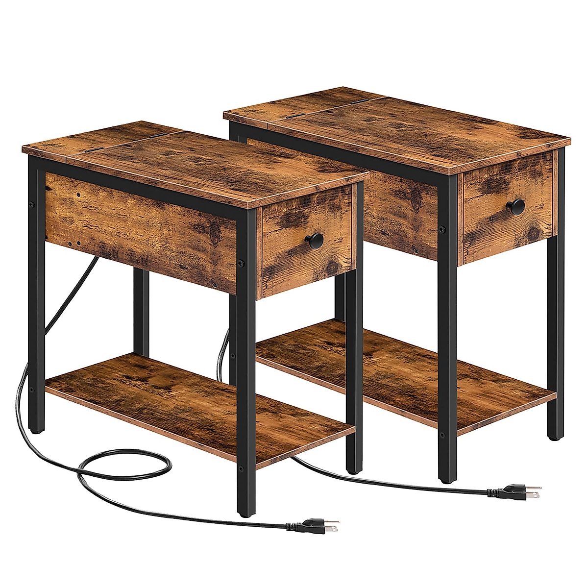 HOOBRO End Table with Charging Station, Set of 2 Narrow Side Table, Small Nightstand, Bedside Table with Drawer and Storage Shelves, for Small Spaces, Rustic Brown and Black BF041BZP201