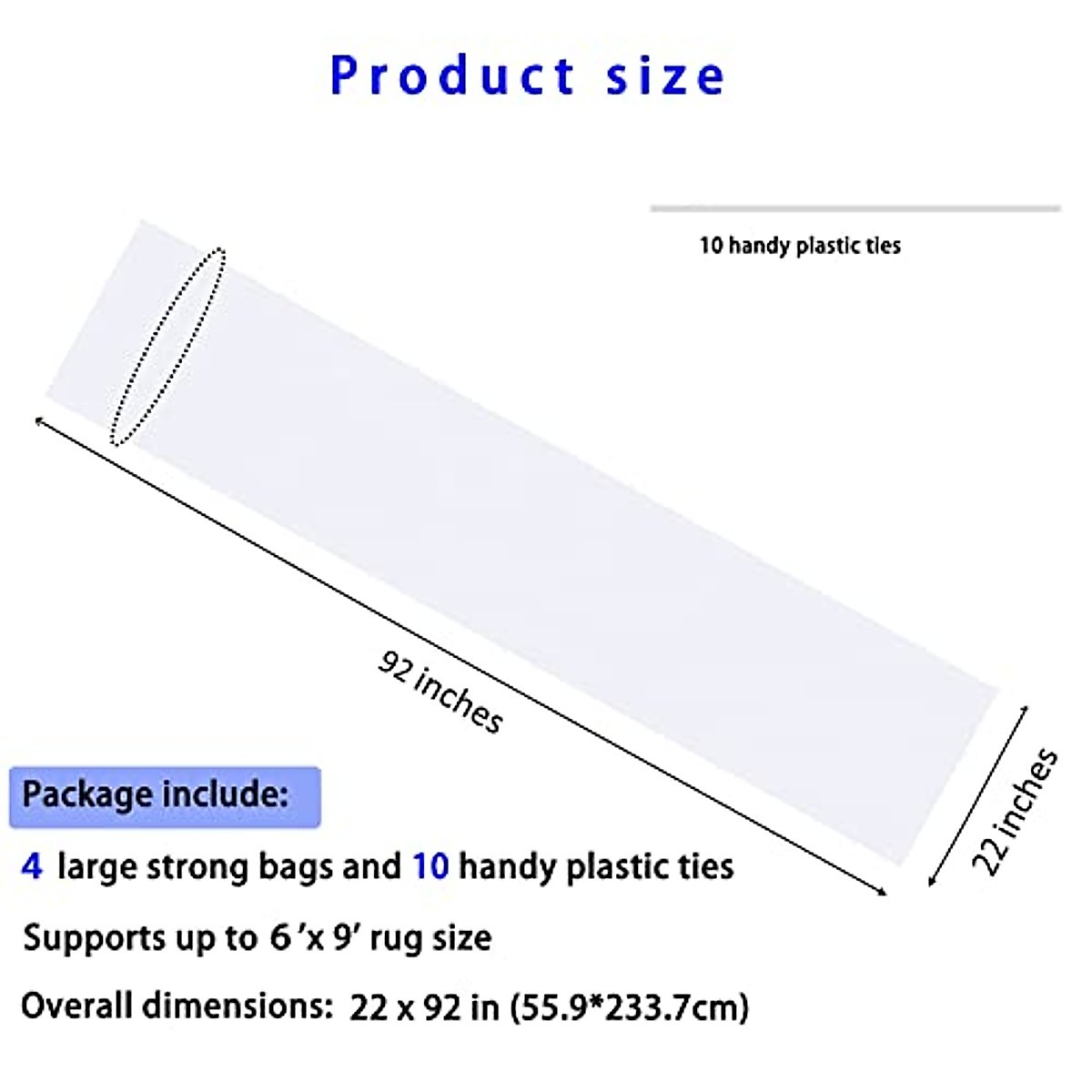 4 Pcs Clear Plastic Rug Storage Bags, Fits Rug up to 6'x9', 4.5 Mil Heavy Duty Rug Storage Bag with 10 Ties,Clear Carpet Bag for Storage, Moving, Shipping and Packing, Protects Your Rugs-No Vent Holes