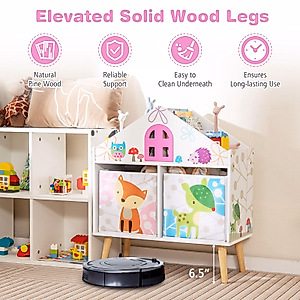 HONEY JOY Toy and Book Organizer for Kids, Wooden Stand Bookcase w/ 2 Storage Bins, Children Toy Storage Chest Box w/Elevated Solid Wood Legs, Toy Storage Unit Organizer for Playroom (White)