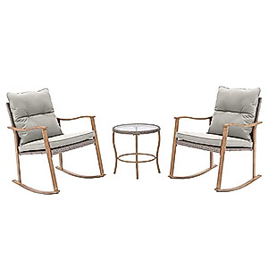 AQUILLA 3 Pieces Rocking Chairs Table, 350lb Capacity Outdoor Patio Furniture Set Woodgrain w Grey Cushions and Round Glass Top Desk for Garden, Porch, Backyard