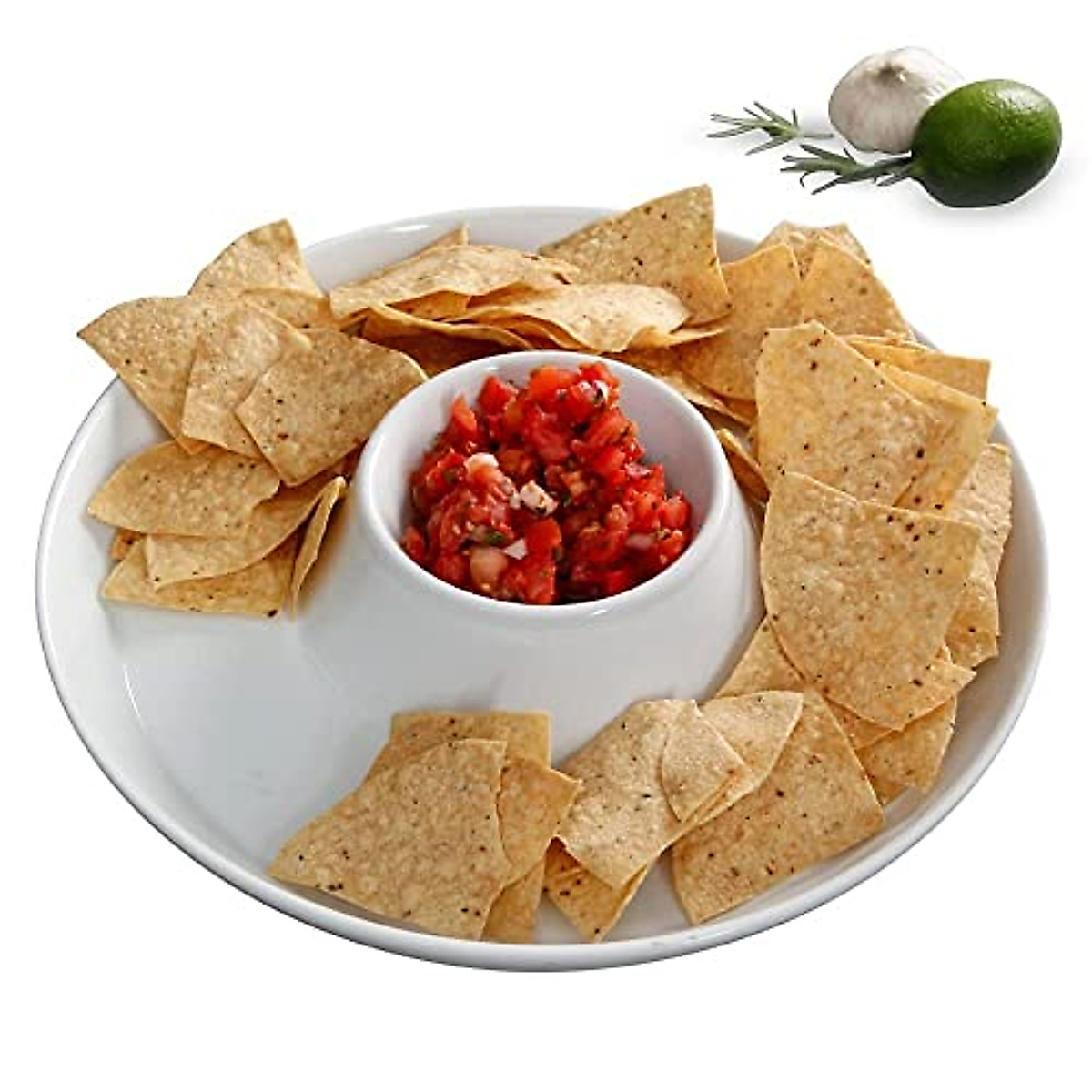 Kook Ceramic Chip & Dip Platter, Large Serving Dish, Round Tray for Snacks and Appetizers, with Bowl for Guacamole, Hummus, Dishwasher Safe, 13 inch, White