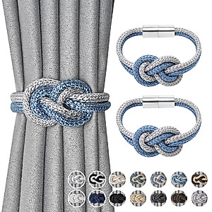NICEEC 2 Pack Mini Magnetic Curtain Tiebacks Nordic Simple Style Drape Tie Backs Elegant Hand Weave Rope Knot Decorative Curtain Holdbacks for Home & Office Thin Window Drapery (Blue & Grey)