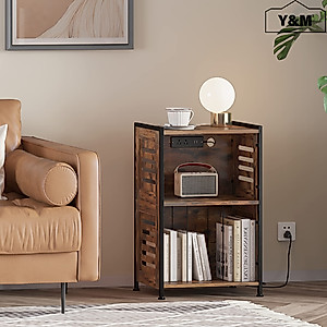 Y&M Record Player Stand, Vinyl Turntable Stand with Charging Station and USB Port, Record Display Table with Storage Cabinet, Turntable Holder, End Table, Nightstand for Bedroom, Living Room, Brown