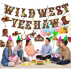 26Pcs Western Party Decorations West Cowboy Banner and West Cowboy Hanging Swirls Yee Haw Ceiling Streamers for Boys Birthday Western Baby Shower Party Decor Supplies