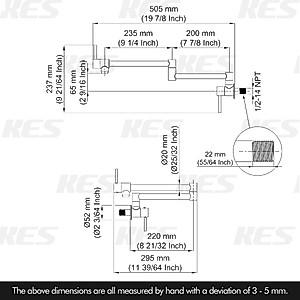 KES Pot Filler Folding Kitchen Faucet Brass Double Joint Swing Arm Sink Faucet Articulating Wall Mount Two Handle Single Hole, Matte Black, cUPC NSF Certified Lead-Free, KN926LF-BK