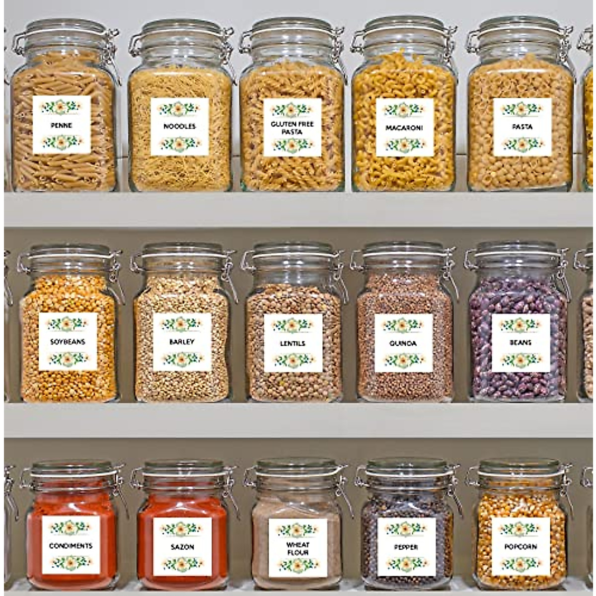 144 Pantry Labels for Food Storage Containers, Waterproof Printed on White Glossy Labels, Household Stickers + Numbers, Floral Kitchen, Water Resistant, Organization for Jars and Canister