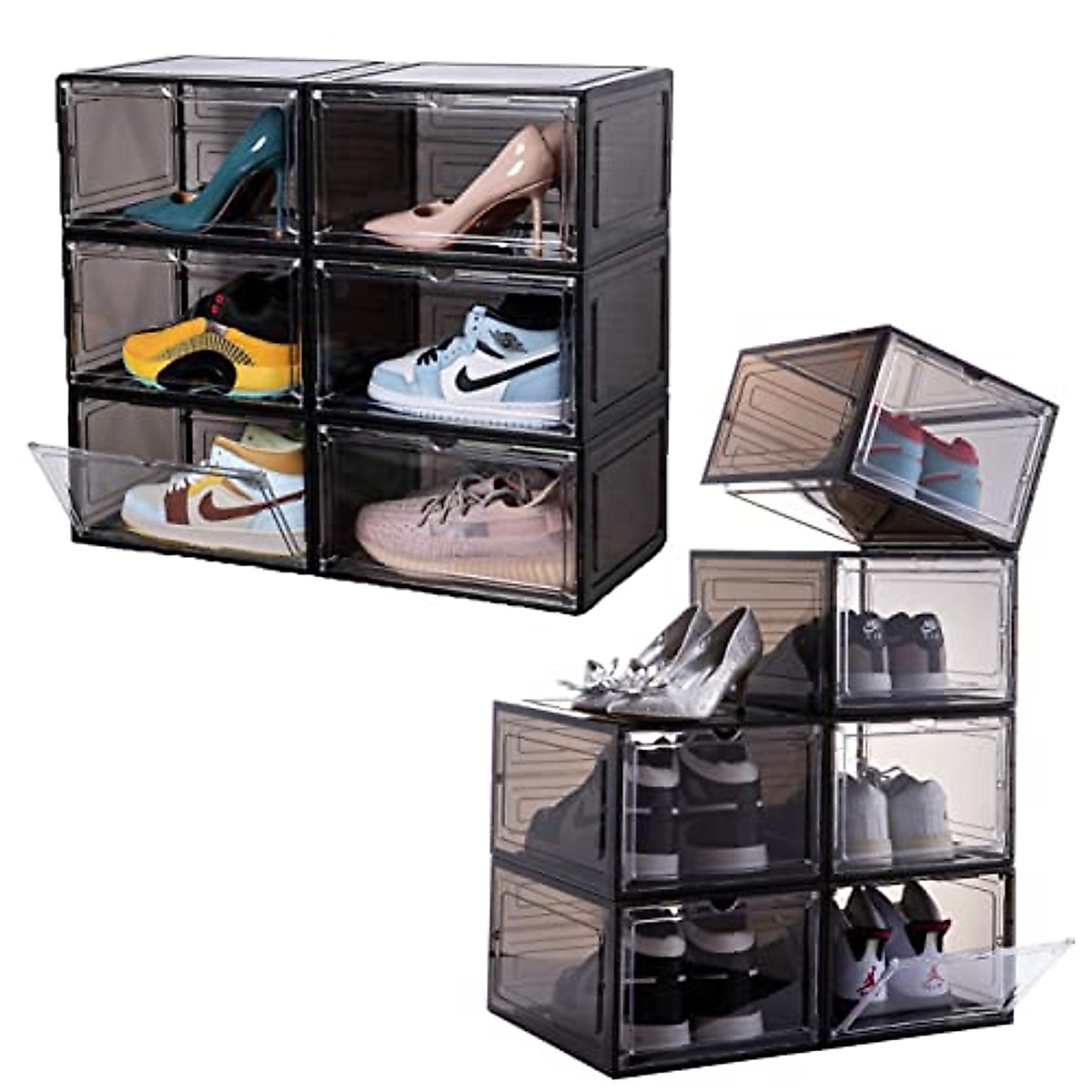 Attelite 6 Pack Large Drop Front Shoe Box+ 6 Pack Side Open Black Clear Plastic Shoe Storage Box, As Stackable Shoe Containers for Display Sneakers
