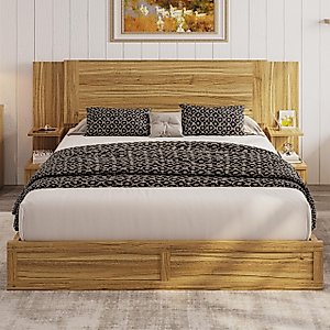 Queen Bed Frame with Rechargeable Nightstand, Wooden Platform Bed with Headboard, Sturdy and Noiseless, No Box Springs Needed, Easy to Assemble, Rustic Wood