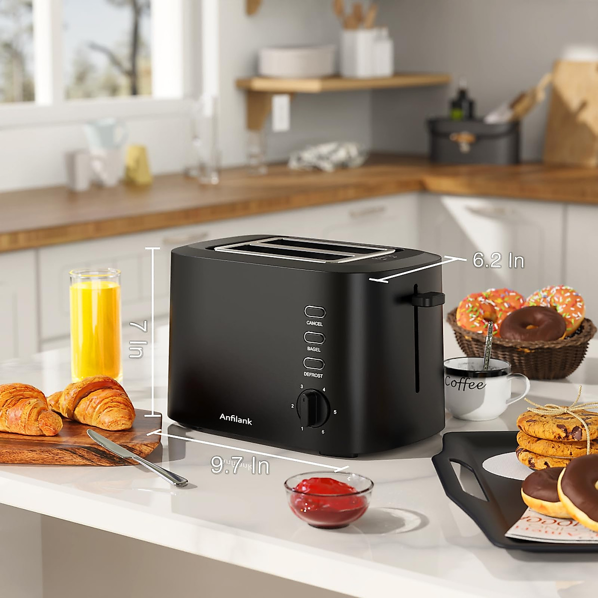 Anfilank Compact 2 Slice Toaster with 1.5" Extra Wide Slots, Built-in Warming Rack & Removable Crumb Tray - 6 Browning Options, with Defrost, Bagel, and Cancel Function - Matte Black