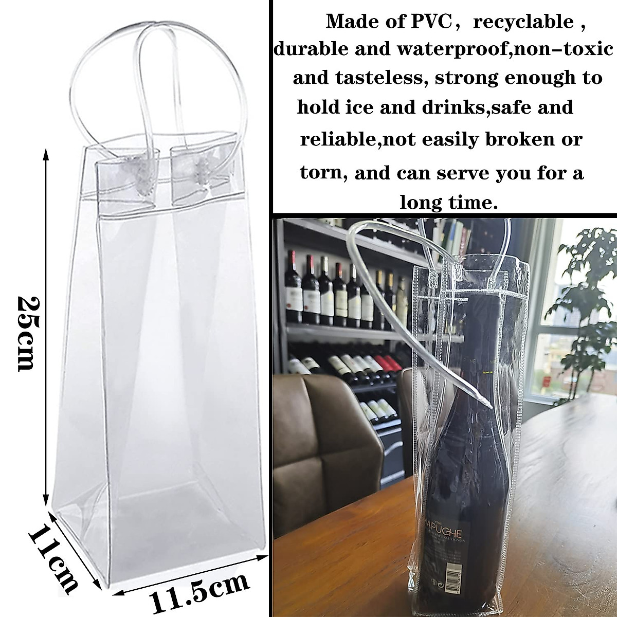 OBPSFY 10 Pieces Ice Wine Bag, Clear Portable Collapsible Wine Cooler Bags with Handle, PVC Wine Pouch Bags for Champagne Cold Beer White Wine Chilled Beverages