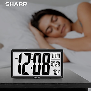 SHARP Alarm Clock with Easy to Read 2.8'' Jumbo Screen with Indoor Temperature, Nightlight, Calendar, Battery Operated Digital Clock for Bedrooms or Travel, Black (SPC5026AMZ)