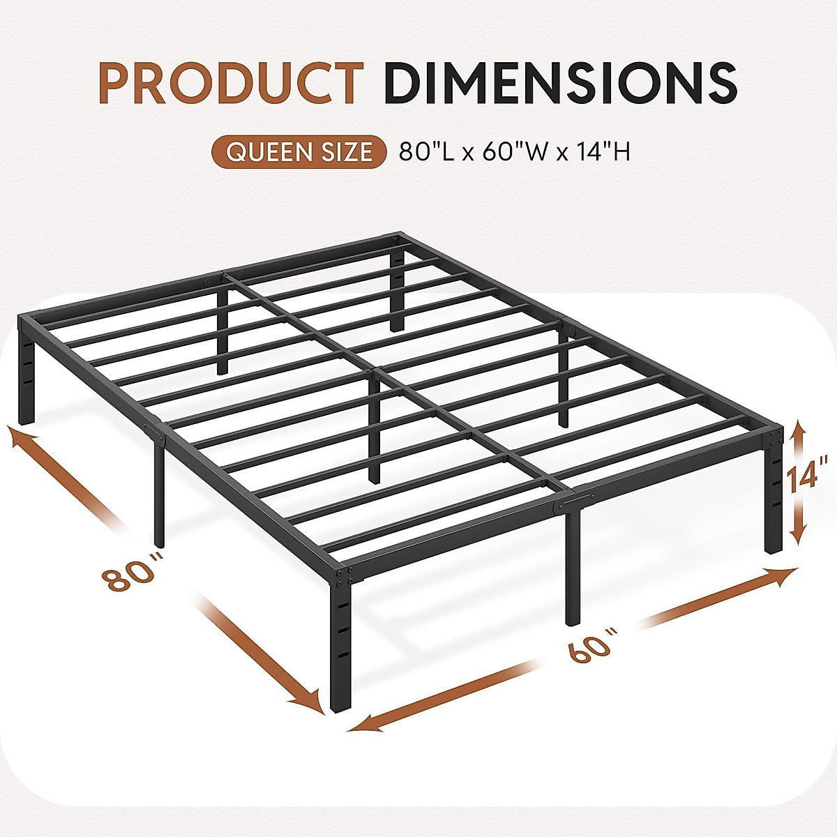 WAYES Queen Bed Frame, 14 Inch High Platform Bed Frame with Storage, Minimal Queen Size Metal Bed Frame, Heavy Duty, No Box Spring Needed, Noise-Free, Easy Assembly, Black
