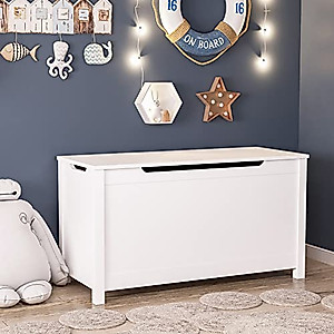 JARKUZ Kids Wooden Toy Box, Wide Toy Storage Organizer, Toy Chest with Safety Hinged Lid for Kids, Children's Furniture Large Trunk for Boys and Girls Ages 3+, White