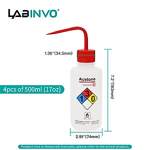 LABINVO 4pcs of Acetone Wash Bottles, Vol.500ml (17oz), Narrow Mouth, Self-Venting Safety Wash Bottles, LDPE Material, IN-WBA500