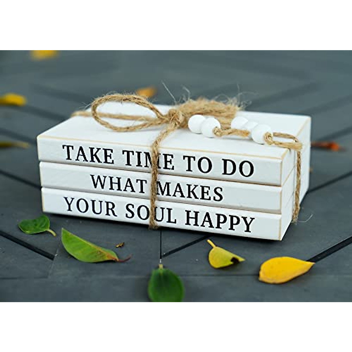 3 Pieces Wooden Decorative White Books, Rustic Farmhouse Book Stack, Faux Books for Coffee Table Shelves with Wood Bead Tassels and Leaves, for Modern Home Decor, 7'x 4.6'x 2.5'