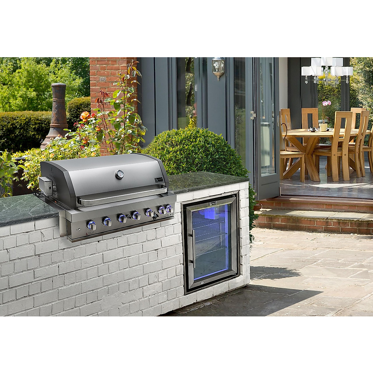 Mont Alpi Built-in MABi805-COMBO 44-Inch 6-Burner 87000 BTU Built-In Stainless Steel Outdoor Kitchen Island Gas BBQ Grill + Glass Door Compact Refrigerator + Charcoal Tray & Griddle Plate Combo