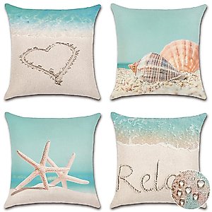 OTOSTAR Waterproof Summer Decorations Outdoor Throw Pillow Covers Linen Starfish Shell Pillow Covers Pack of 4 Square Cushion Case Garden Pillowcase 18x18 Inch for Patio Furniture Couch Tent (Beach)