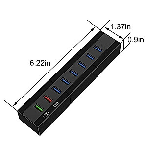 8-Port USB Hub, TOPESEL 36W 6 High Speed USB3.0 Data Transfer Ports, 1 BC1.2 and 1 Smart Charging Ports USB Hub USB Splitter with Power Adapter for PC, USB Flash Drives, Mouse and More (Black)