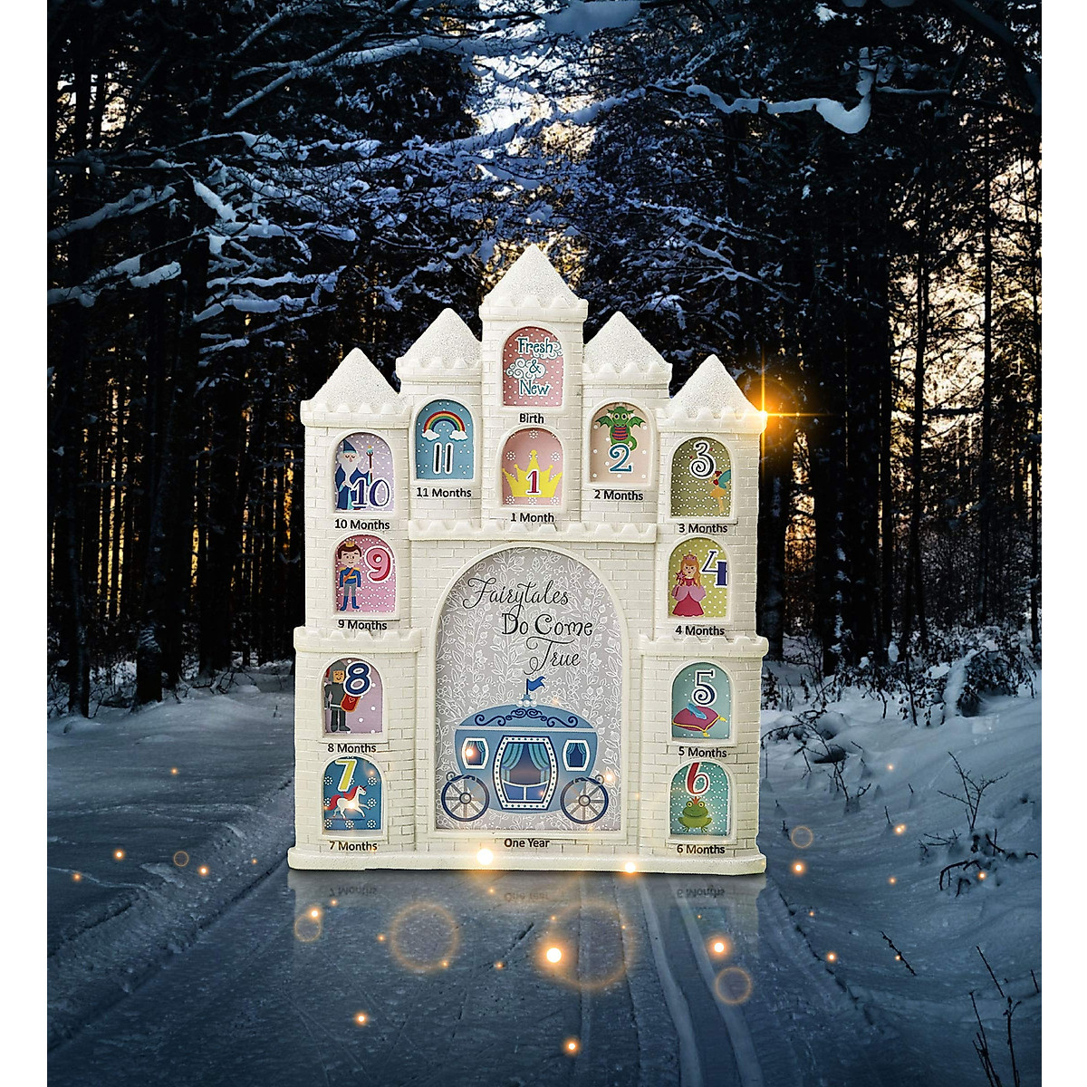 Mozlly White Fairy Tales Do Come True Castle Baby First Year Collage Photo Frame Glitter Finish 12 x 9.5 Inch Nursery Room Decor for Little Prince & Princess 1 Month-1 Year Pictures