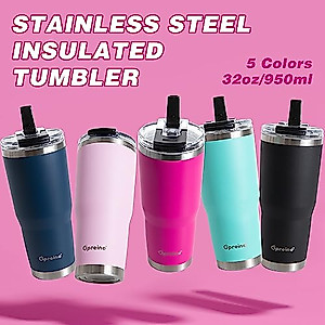 Opreine 32oz Insulated Tumbler with Straw and Handle, Double Wall Vacuum Stainless Steel Tumbler Coffee Mug Cup, Fit for Car Holder, Sweat Proof, Leak Proof, Dishwasher Safe, Hot Pink