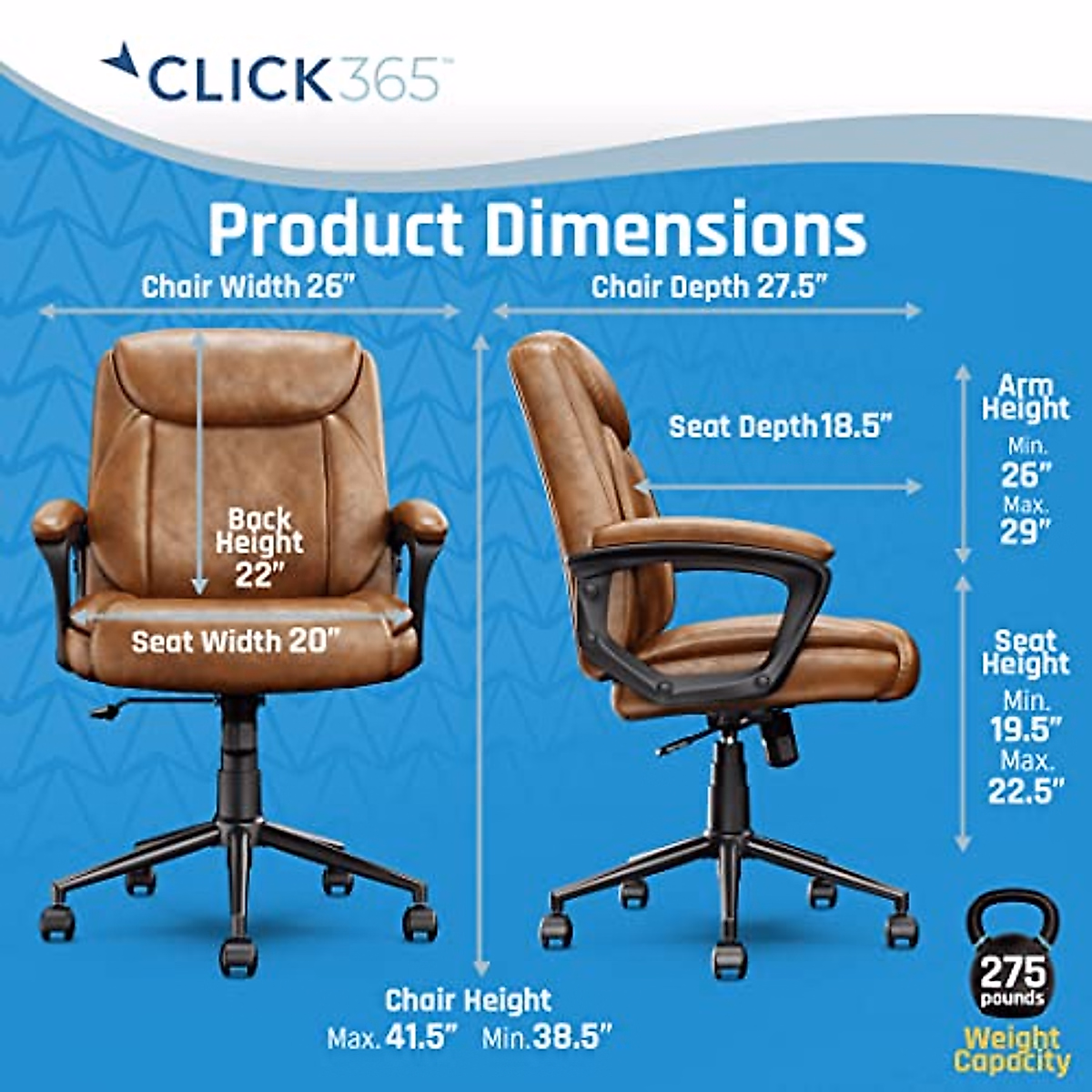 Click365 Transform 1.0 Extra Comfort Ergonomic Mid Back Desk Chair, with Padded armrests, Adjustable-Height, Tilt, Lumbar Support, Bonded Leather, Cognac