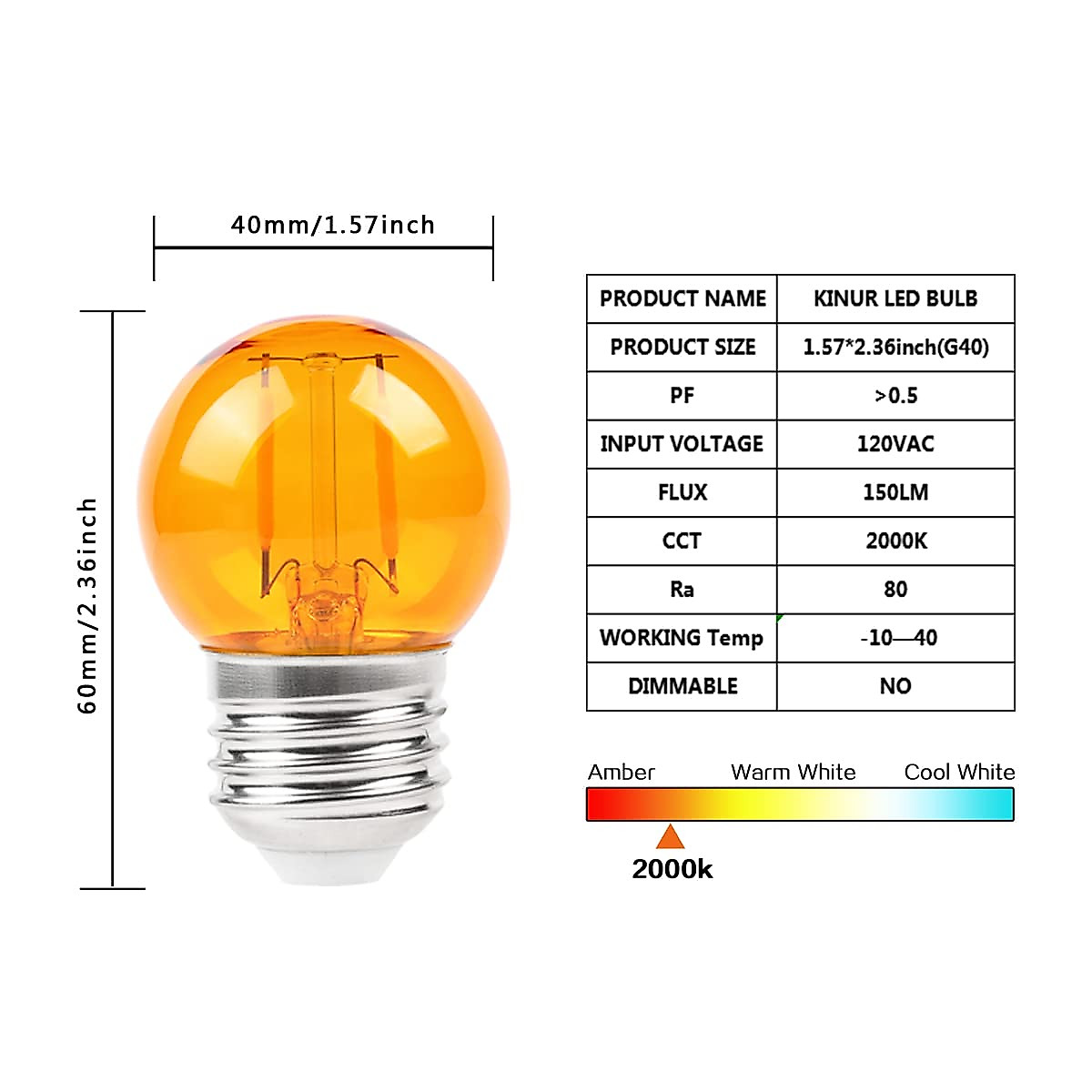 KINUR G40 Small dim Amber LED Edison 2000K 2 watt-15 watt Equivalent, E26 Base Low watt Soft Warm Light Bulbs for Healthy Sleep and Baby Nursery Light 4 Pack