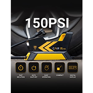 CAIR Tire Inflator Portable Air Compressor, 12V DC Small Air Pump for Car Tires - Car Accessories, 150PSI Smart Digital Pressure Gauge, LED Light for Motorcycle, Bike, Ball and Inflatables