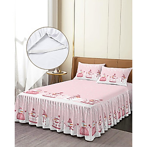 Pink Christmas Wrap Around Pleated Bed Skirts for Twin XL Bed 39x80, Decorative Dust Ruffle Bed Sheet & Bedskirt 18'' Drop Bedspread with Pillow Case 20x30 Snowman Snowflake Pine Tree Leaves