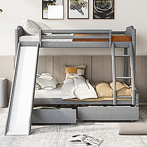 Merax Twin Over Full Size Upholstery Bunk Bed, Solid Wood Bed Frame with Two Drawers and Slide, Convertible Slide and Ladder, Headboard and Footboard, Grey