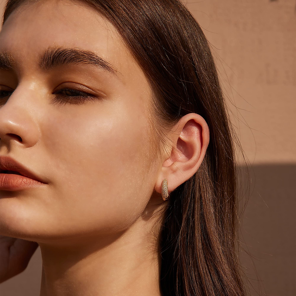 Valloey Rover Women Thick Huggie Hoop Earrings, 14K Plated Gold Dainty Cubic Zirconia Huggie Hoops Cute Hypoallergenic Hoop Earring Minimalist Jewelry Gifts for Lady