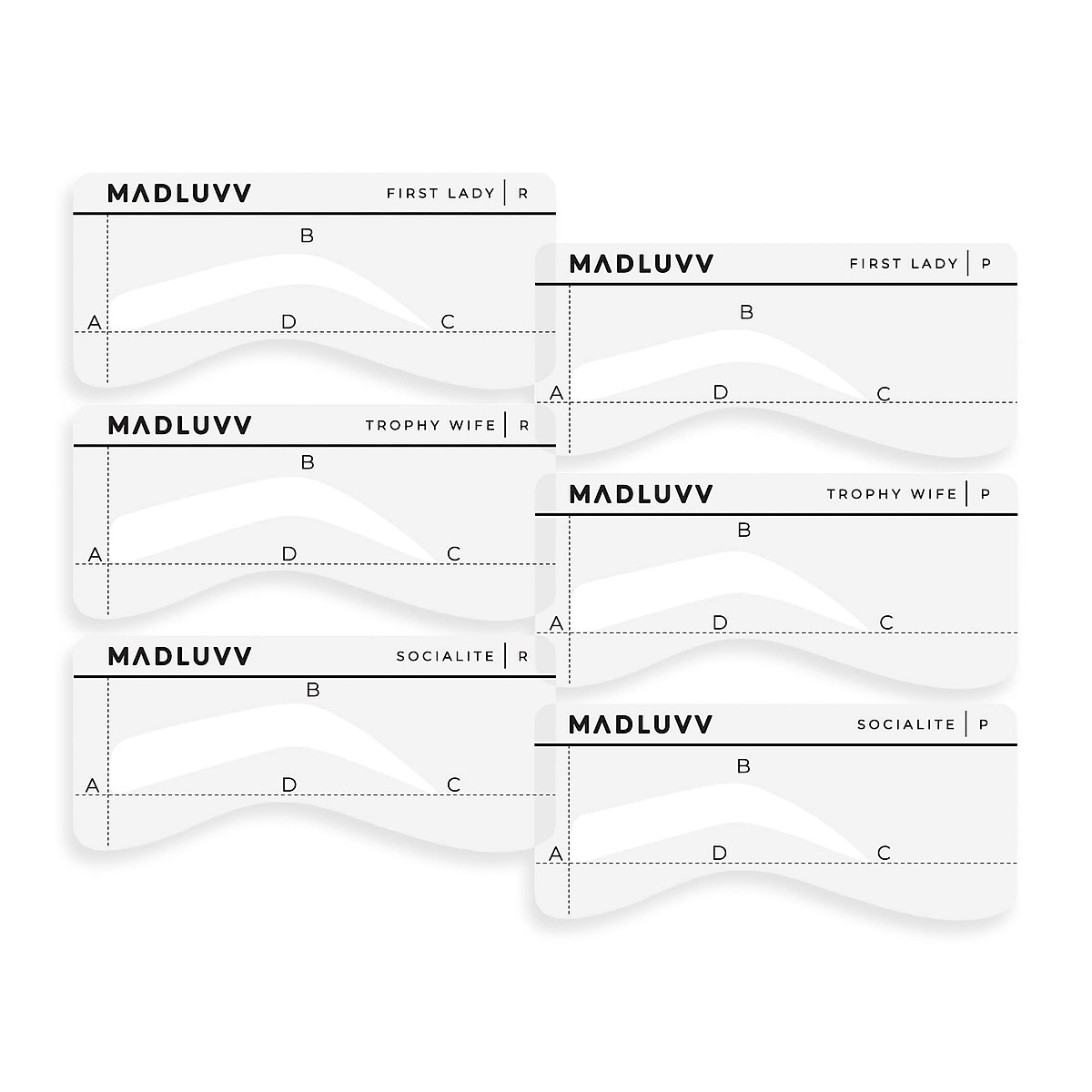 MADLUVV Eyebrow Shaper Stencils, Reusable Brow Mapping Template for PMU Professionals, Semi-Permanent Makeup Mapping, 6 Stencils (3 Stencil Shapes in Both Petite and Regular Sizes) - Classic Set