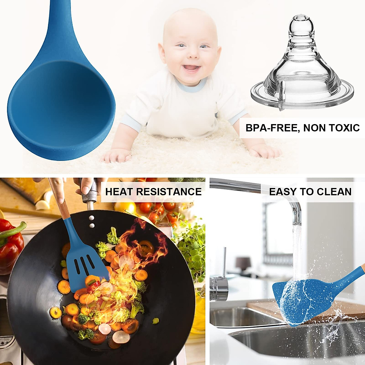 MIBOTE 17 Pcs Silicone Cooking Kitchen Utensils Set with Holder, Wooden Handles BPA Free Silicone Turner Tongs Spatula Spoon Kitchen Gadgets Utensil Set for Nonstick Cookware (Blue)