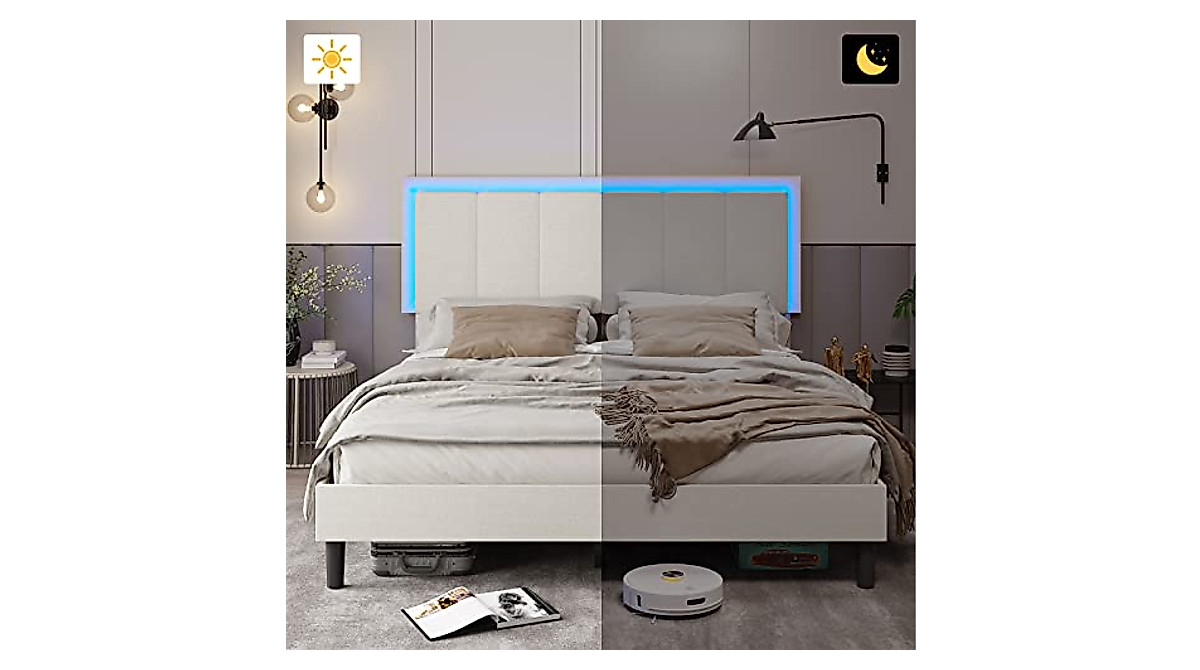 Hasuit Queen Bed Frame with LED Light and Adjustable Headboard